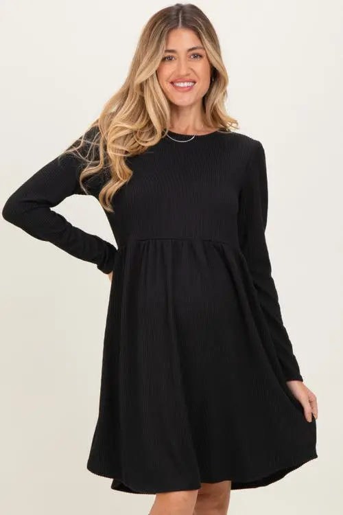 PINKBLUSH Textured Rib Long Sleeve Maternity Dress