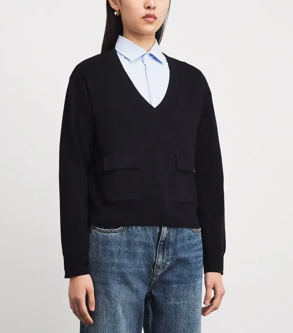 Sandro Wool V-neck Sweater With Dual Pockets - Blue