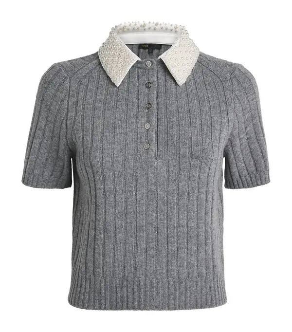 Maje Wool-blend Polo Sweater With Beaded Collar