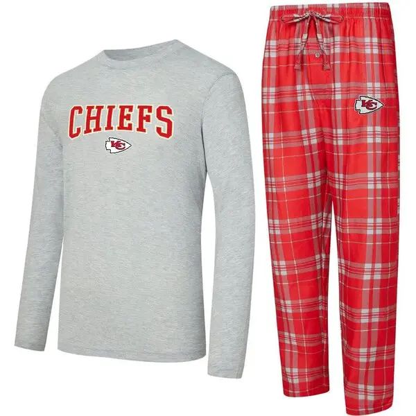 CONCEPTS SPORT Heather Gray Kansas City Chiefs Regulate Long Sleeve T-shirt And Plaid Pant Set - Red