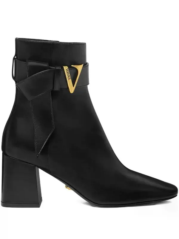 Versace V Leather Ankle Boots With Block Heel