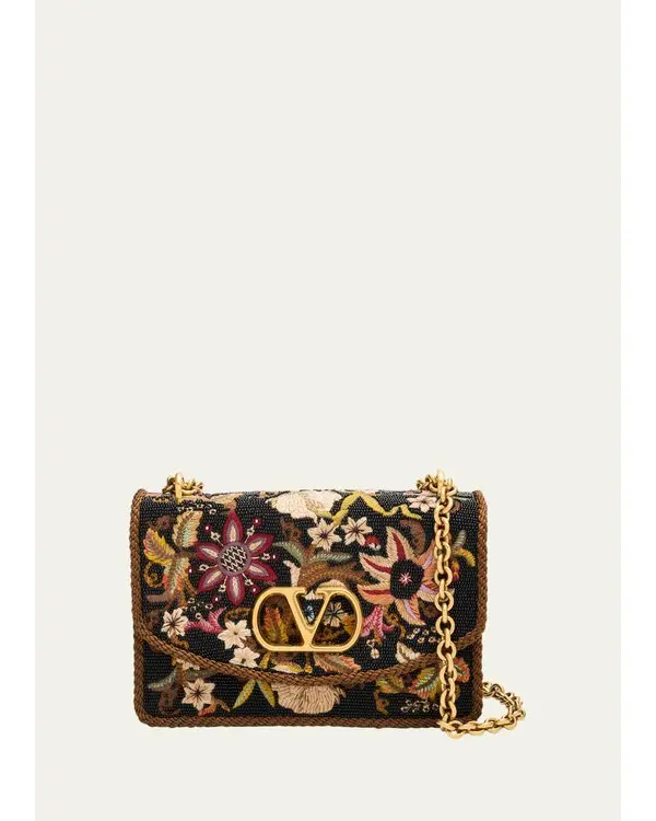 Valentino Garavani Beaded Floral-embroidered Shoulder Bag - Black Multi