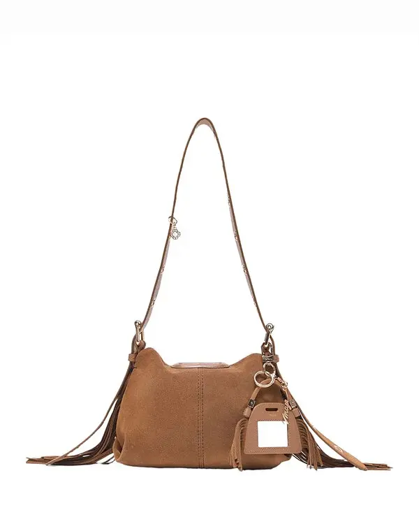 Maje Miss M Fringed Suede Mini Mirror Bag Charm - Camel