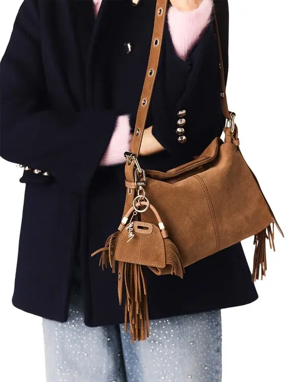 Maje Miss M Fringed Suede Mini Mirror Bag Charm - Camel