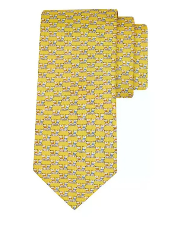 FERRAGAMO Terrier Print Silk Neck Tie - Yellow