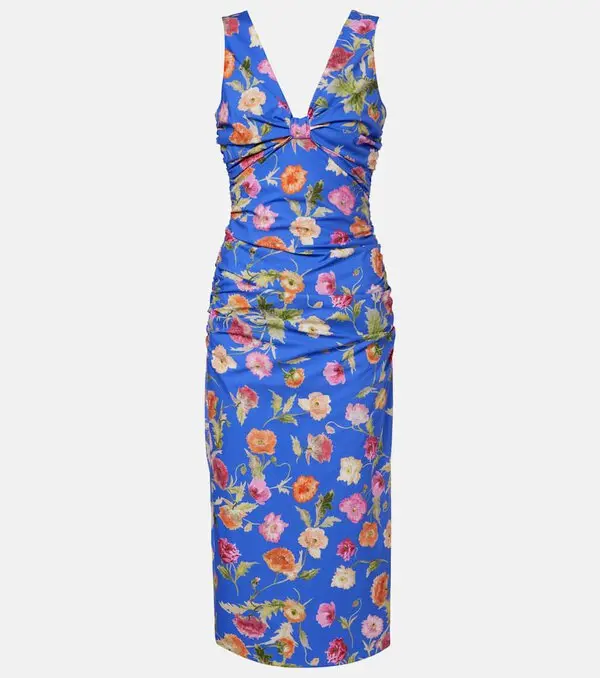 Carolina Herrera Floral Gathered Cotton-blend Midi Dress - Multicoloured
