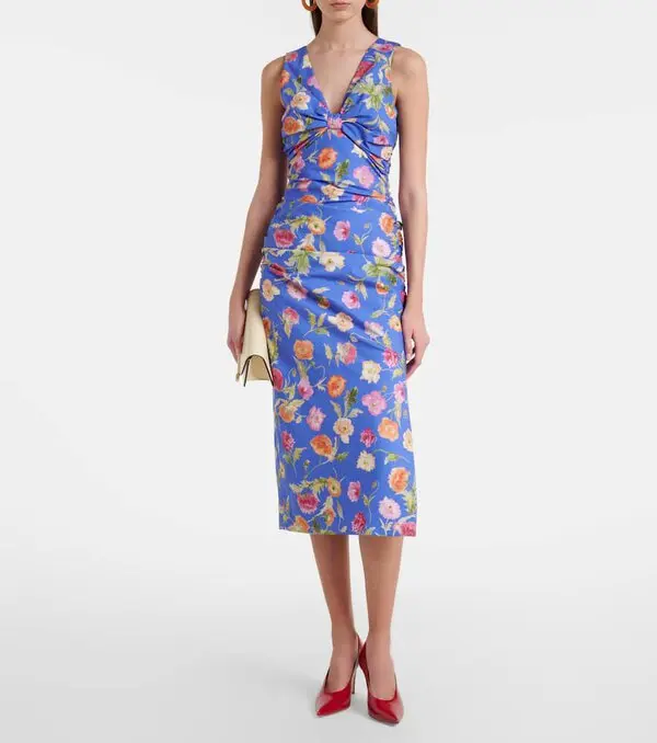 Carolina Herrera Floral Gathered Cotton-blend Midi Dress - Multicoloured