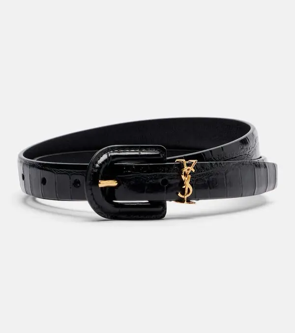 Saint Laurent Cassandre Croc-effect Leather Belt - Black