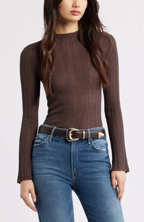 OPEN EDIT Open Stitch Linen Blend Mock Neck Sweater - Brown Seal