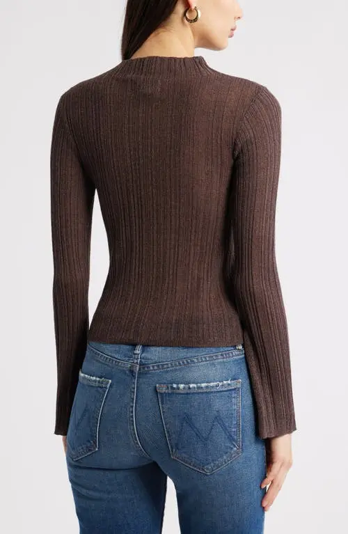 OPEN EDIT Open Stitch Linen Blend Mock Neck Sweater - Brown Seal
