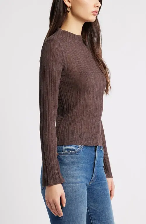 OPEN EDIT Open Stitch Linen Blend Mock Neck Sweater - Brown Seal