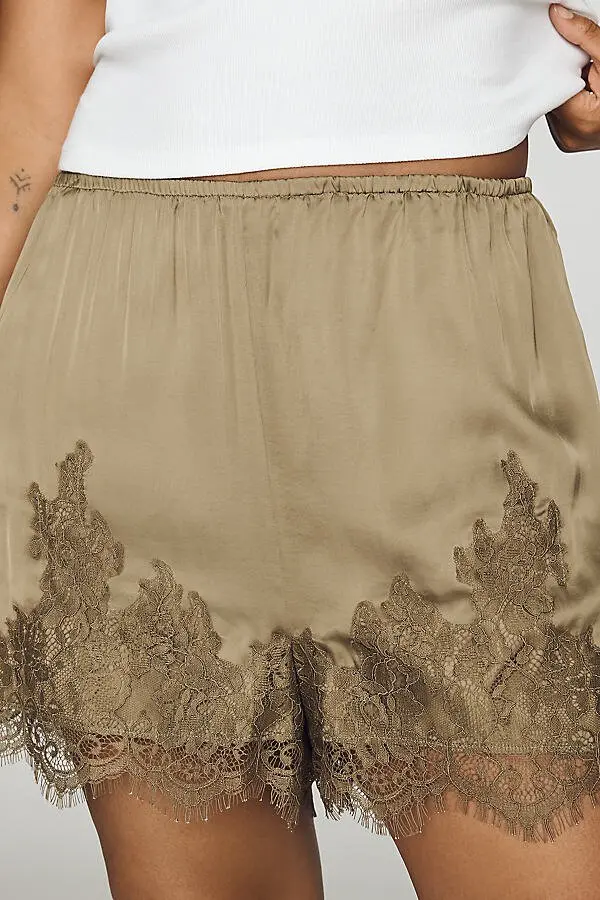 LYREBIRD Heirloom Lace-trim Satin Shorts - Olive