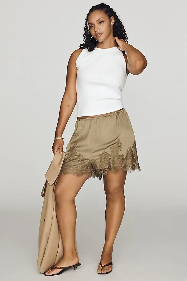LYREBIRD Heirloom Lace-trim Satin Shorts - Olive