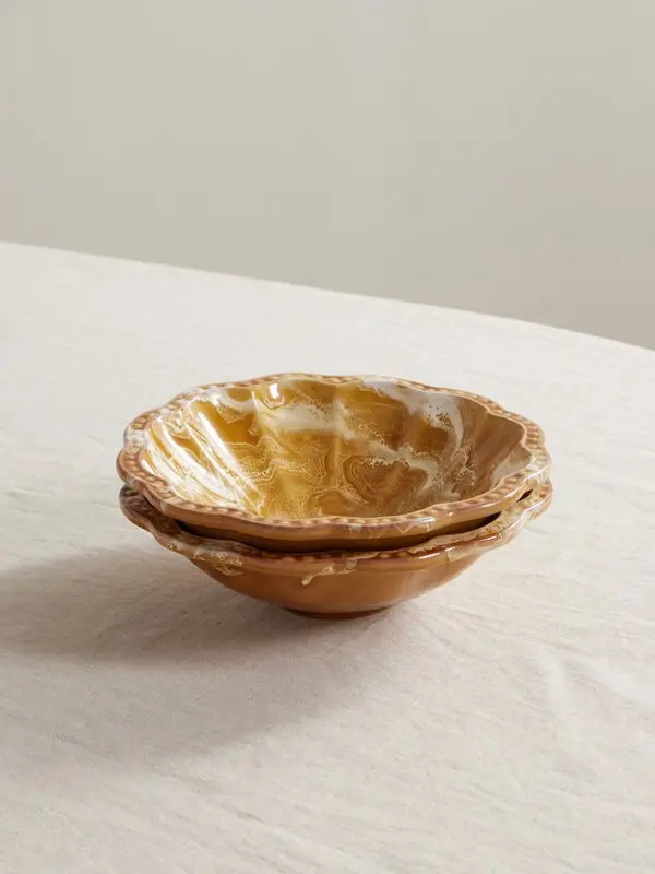 CABANA Set Of Two Scalloped Ceramic Bowls - Orange