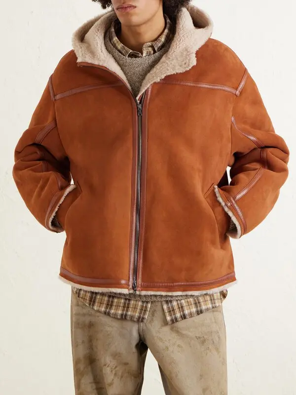 THE ELDER STATESMAN Leather-trimmed Shearling Hooded Jacket