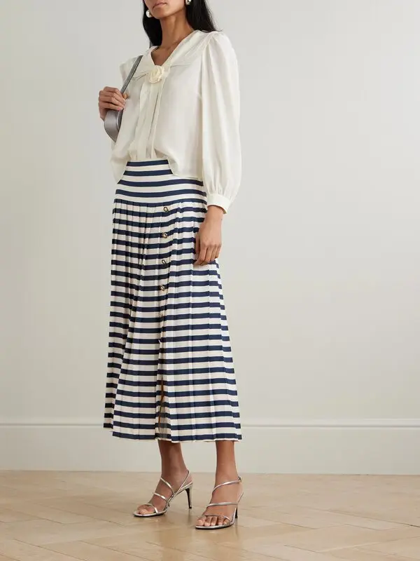 Rixo Una Pleated Striped Silk Crepe De Chine Midi Skirt - Multi