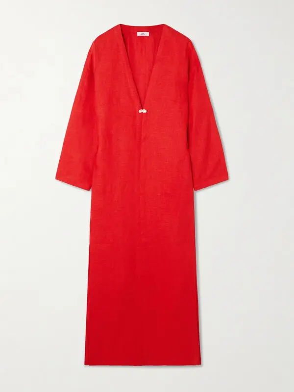 SARA CRISTINA Pearl-embellished Linen Kaftan - Red