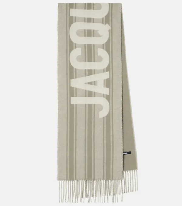 Jacquemus Logo Fringed Virgin Wool Scarf - Grey