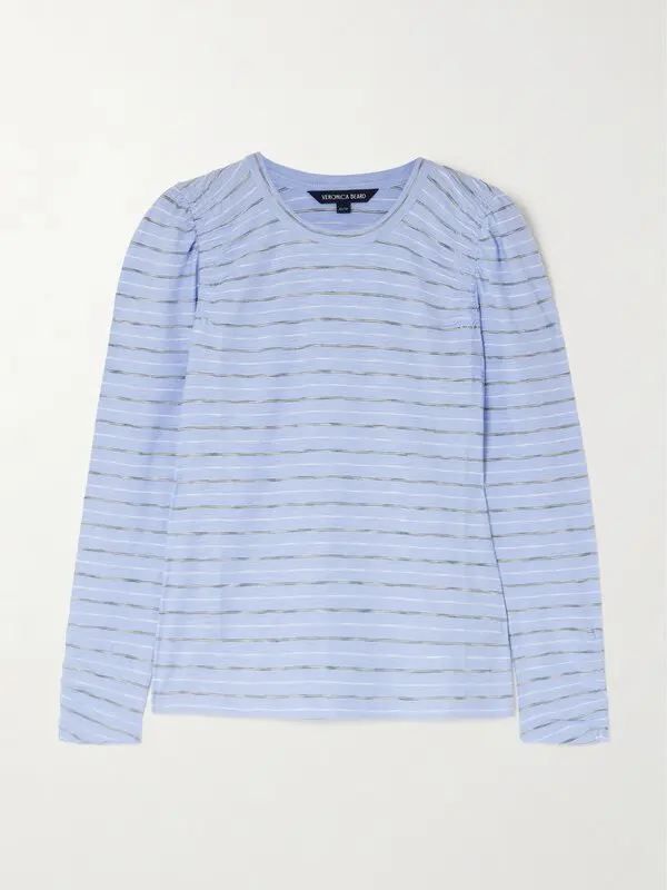 Veronica Beard Smocked Ruched Striped Pima Cotton T-shirt - Blue