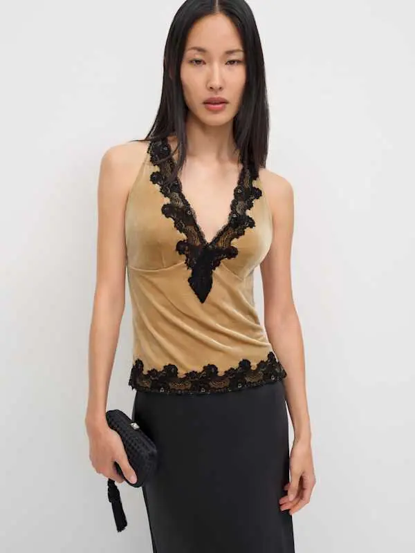 REFORMATION Ashlynn Knit Velvet Top - Gold
