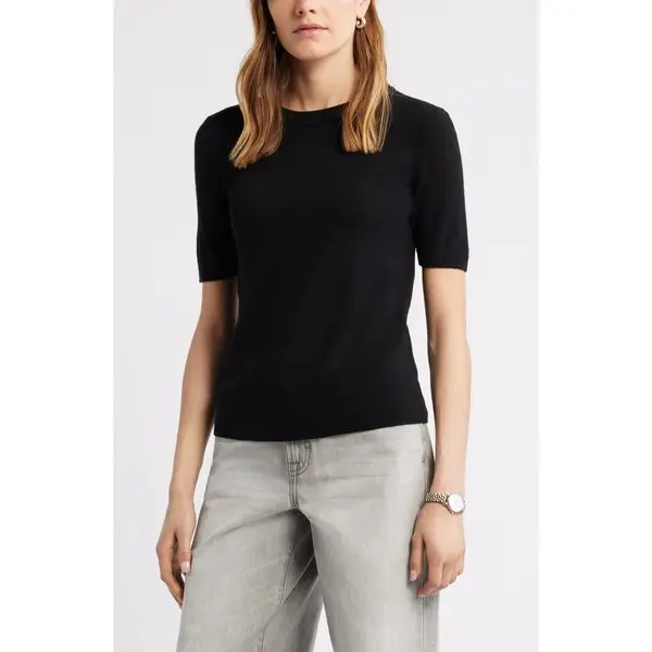 Caslon Short Sleeve Wool Blend Sweater Top - Black