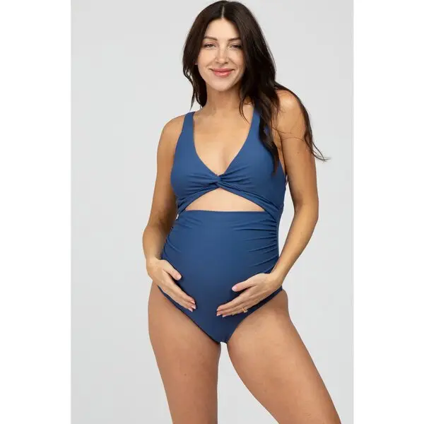 PINKBLUSH Ruched Sides Front Cutout One Piece Swimsuit - Navy Blue