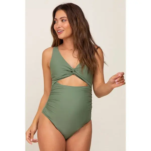 PINKBLUSH Ruched Sides Front Cutout One Piece Maternity Swimsuit - Olive Green