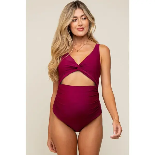 PINKBLUSH Ruched Sides Front Cutout One Piece Maternity Swimsuit - Plum