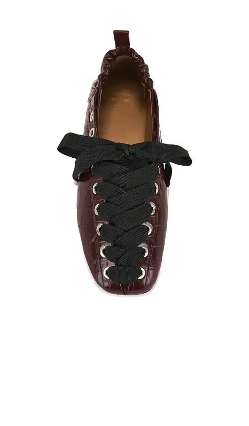 GANNI Croc Embossed Leather Lace-up Ballerina Flats