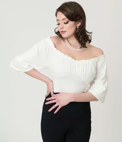 Unique Vintage Peasant Sleeve Blouse - Solid Ivory