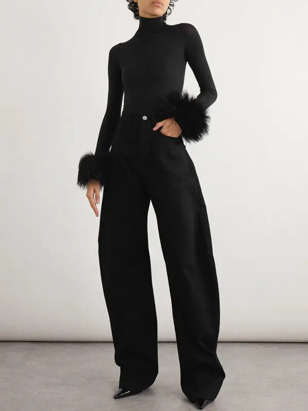 Alaïa Shearling-trimmed Stretch-jersey Turtleneck Bodysuit