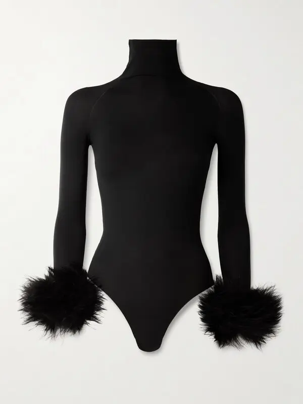 Alaïa Shearling-trimmed Stretch-jersey Turtleneck Bodysuit - Black