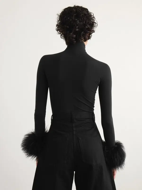 Alaïa Shearling-trimmed Stretch-jersey Turtleneck Bodysuit