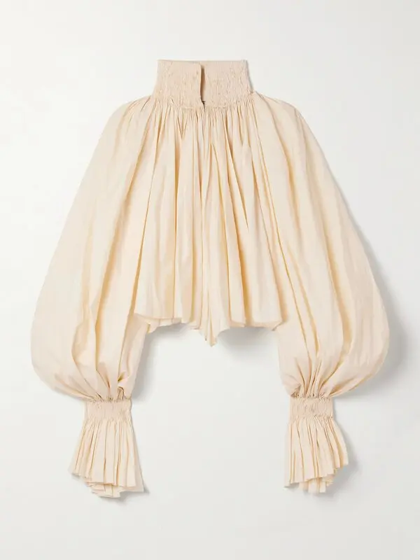 Khaite Durer Cropped Gathered Cotton-blend Poplin Blouse - Neutrals