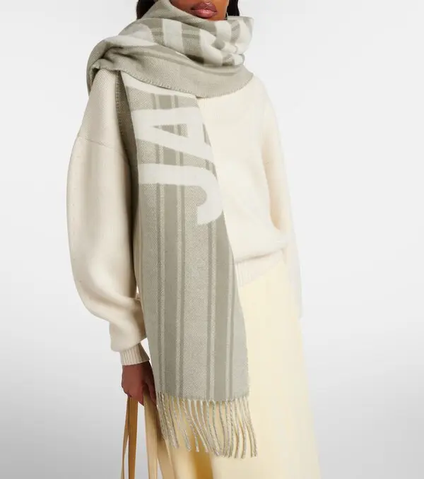 Jacquemus Logo Fringed Virgin Wool Scarf - Grey
