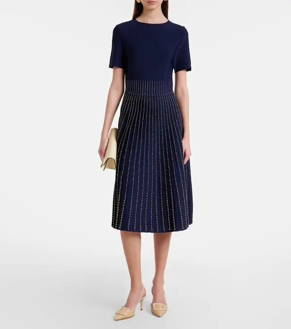 Carolina Herrera Beaded Knitted Pleated Midi Dress - Blue