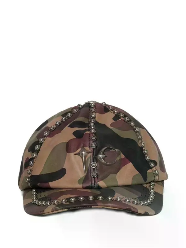 THUG CLUB Studded Camouflage Leather Cap - Green