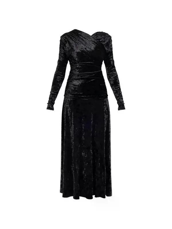GANNI Velour Ruched Asymmetrical Neckline Long Sleeve Dress
