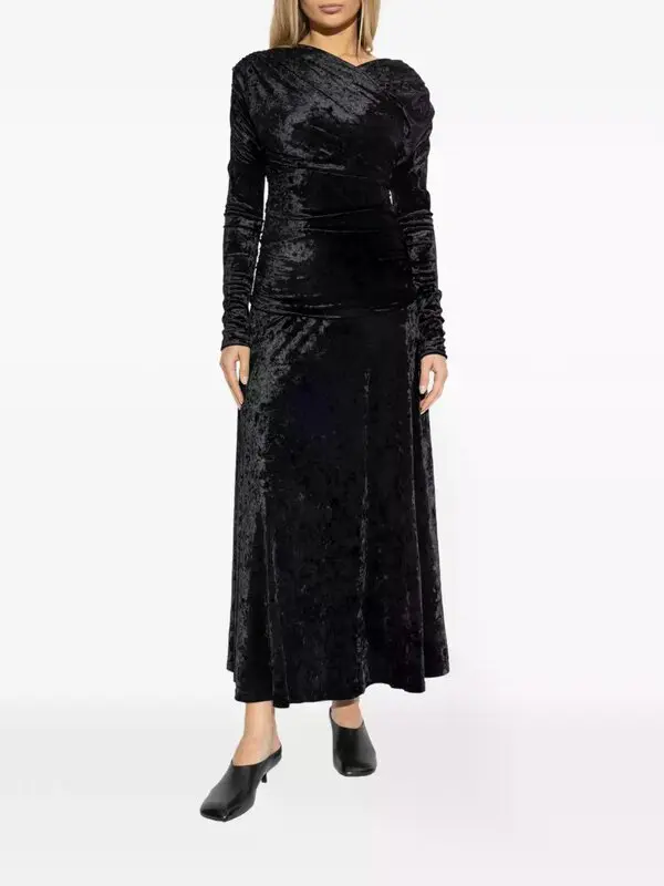 GANNI Velour Ruched Asymmetrical Neckline Long Sleeve Dress