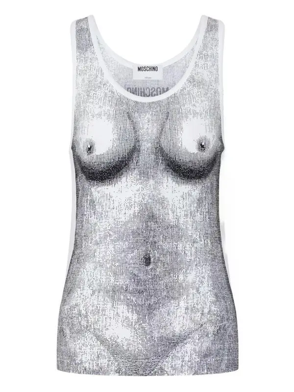 Moschino Sleeveless Stretch Cotton Jersey Top With Graphic Print