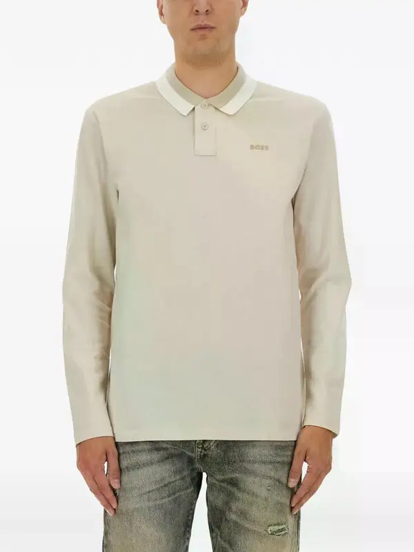 BOSS Long Sleeve Pique Polo Shirt - Neutrals