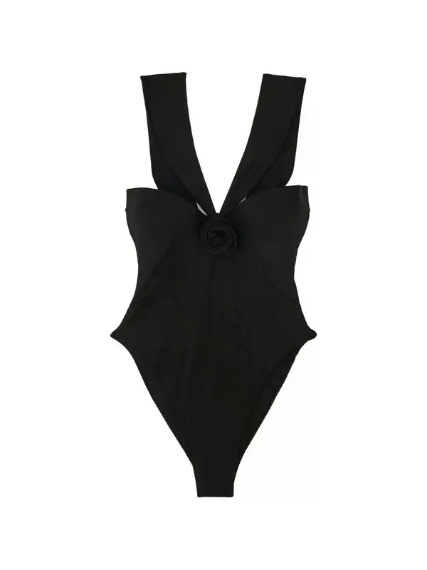 LA REVECHE Floral-appliqué Wide-strap Swimsuit - Black