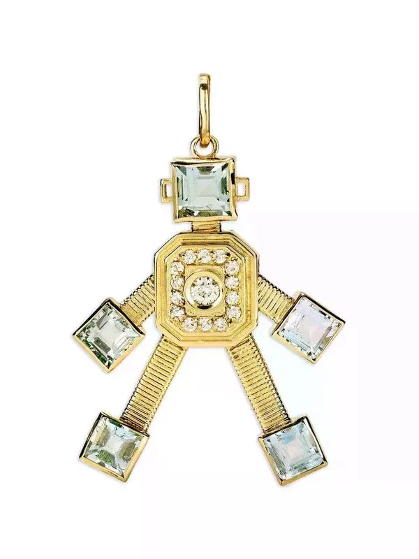 VAN ROBOT Mini Piccolo Robot Diamond And Aquamarine Pendant - Gold