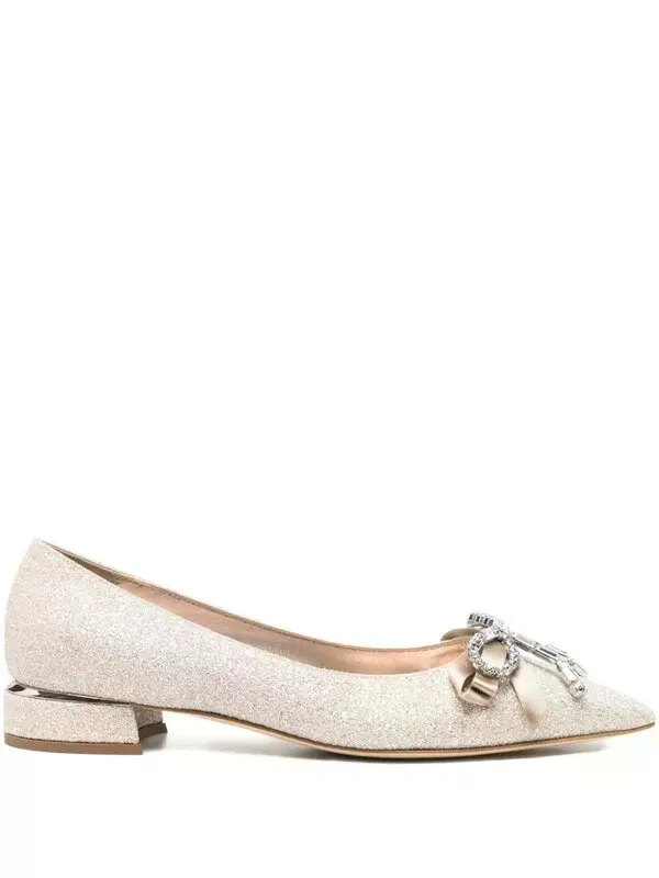 JIMMY CHOO Auria Flat Glitter Ballet Flats With Crystal Bow Detail - Neutrals