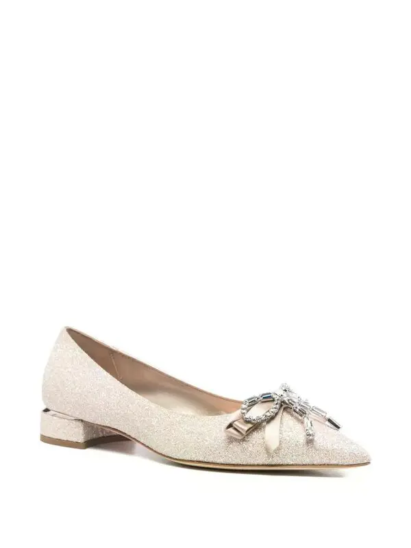 JIMMY CHOO Auria Flat Glitter Ballet Flats With Crystal Bow Detail - Neutrals