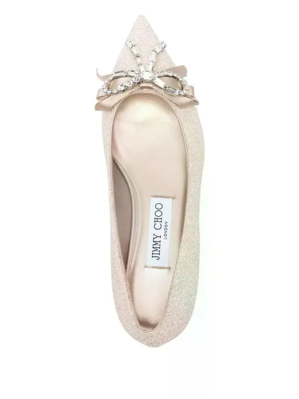 JIMMY CHOO Auria Flat Glitter Ballet Flats With Crystal Bow Detail - Neutrals
