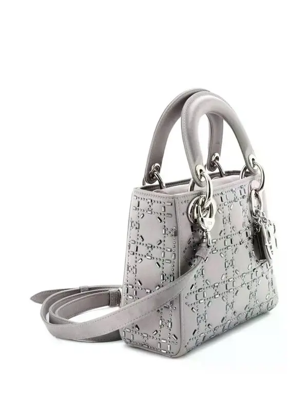 Dior Lady Mini Satchel Cannage Quilt Crystal Embellished - Grey