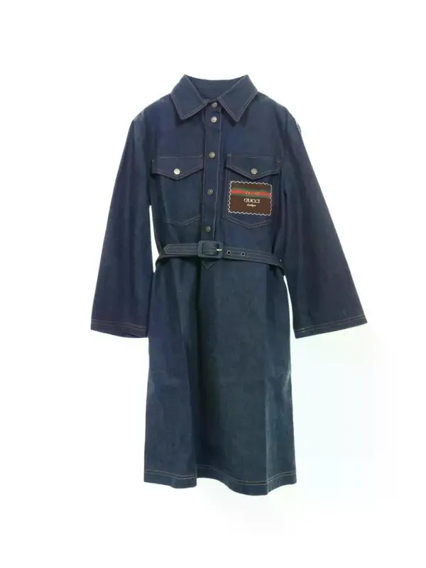 Gucci 2010s Logo Patch Denim Shirt Dress - Blue