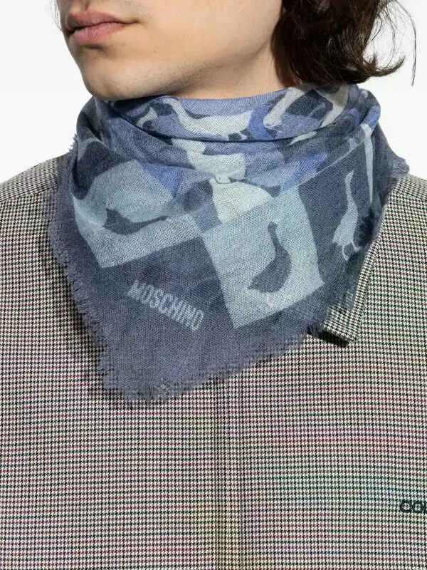 Moschino Duck-print Frayed-trim Cashmere Scarf - Blue