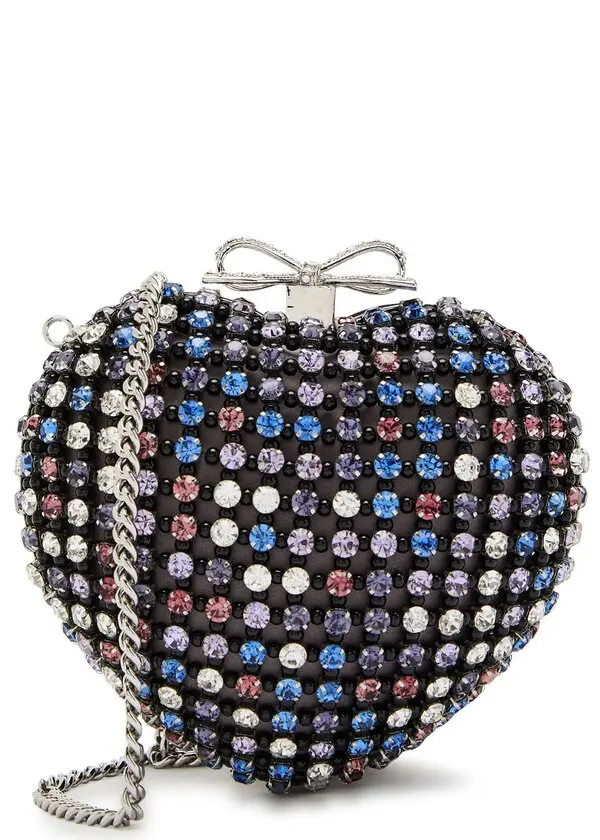 SELF-PORTRAIT Heart Crystal-embellished Satin Clutch - Black